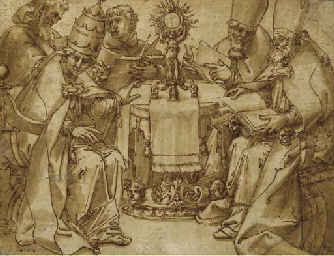 Italian School, 16th century , Bishops and priests seated around a ...