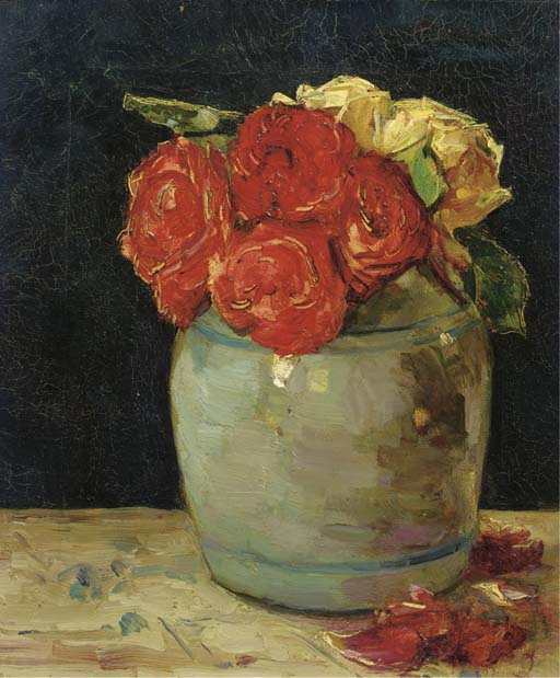 Oil Painting Replica Roses In A Clay Pot by Floris Verster (1861-1927 ...
