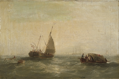 Attributed to Frederick Calvert (1785-1844) , A Dutch hoy towing a long ...