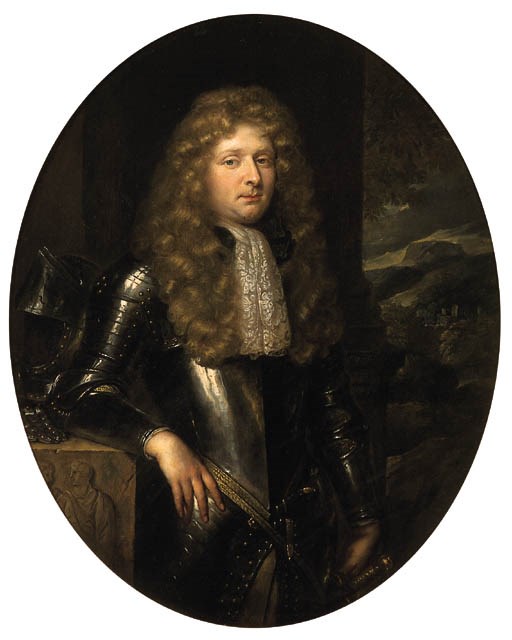 Caspar Netscher* (1639-1684) , Portrait of an Officer in full Armor ...