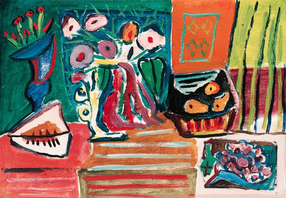Werner Gilles (1894-1961) , Stilleben mit Blumenvase und Frchtekorb ...