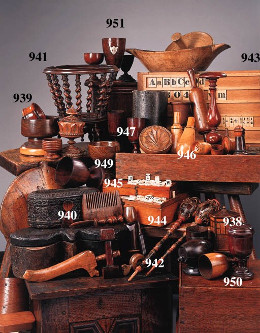 A collection of treen and leather objects, mainly 19th century