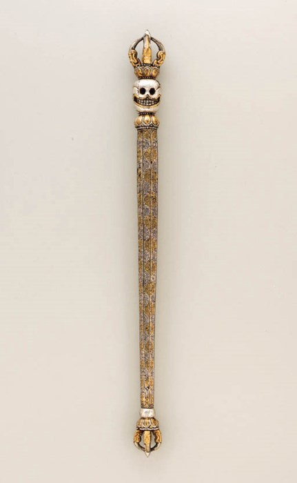A gold and silver damascened iron scepter, khatvanga , SINO-TIBETAN ...