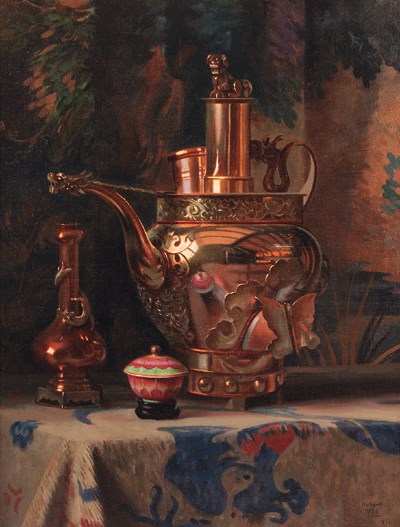 Hubert Vos (1855-1935) , A still life with a Chinese brass kettle ...