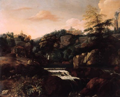 Matthias Withoos (1627-1702) , Goats and sheep by a waterfall beneath a ...