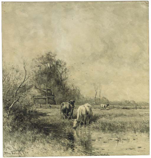 Johannes Martinus Vrolijk (1845-1894) , Cows by a Ditch in a Meadow, a ...