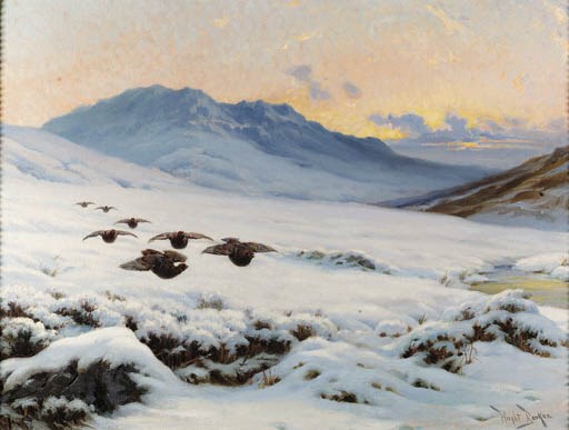 Wright Barker (1864-1941) , Grouse in flight over a moorland in winter ...