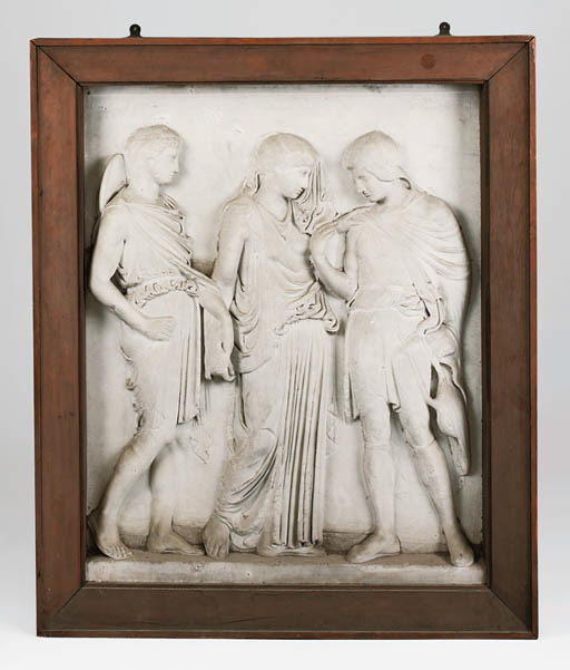 A RECTANGULAR CARVED MARBLE RELIEF DEPICTING THREE CLASSICAL FIGURES