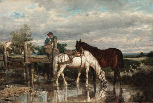 Jean-Baptiste-Louis Guy (French, 1824-1888) , Horses watering at a ...