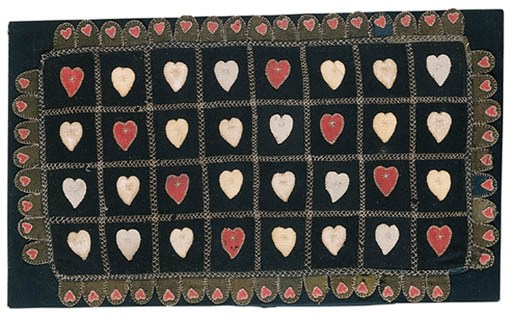 AN APPLIQUED AND EMBROIDERED WOOL TABLE RUG , AMERICAN, LATE 19TH ...