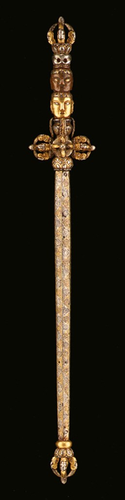 A gold and silver damascened iron scepter, khattvanga , SINO-TIBETAN ...