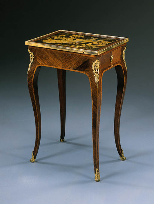 A LOUIS XV ORMOLU-MOUNTED JAPANESE LACQUER-INSET AMARANTH AND TULIPWOOD ...