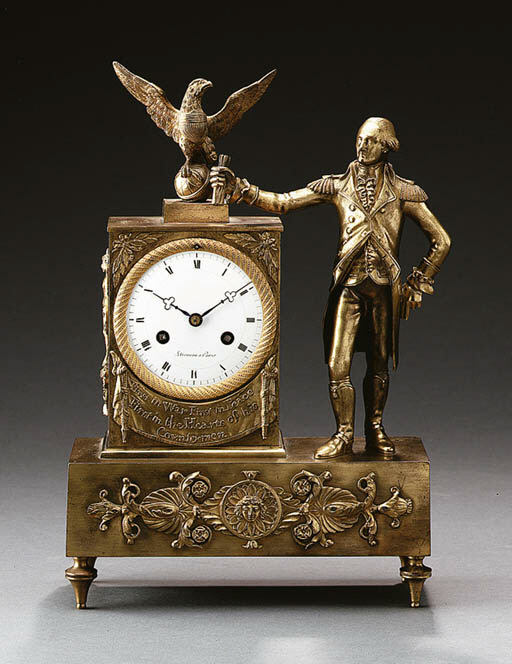 A GILT-BRONZE MANTEL CLOCK WITH FIGURE OF GEORGE WASHINGTON