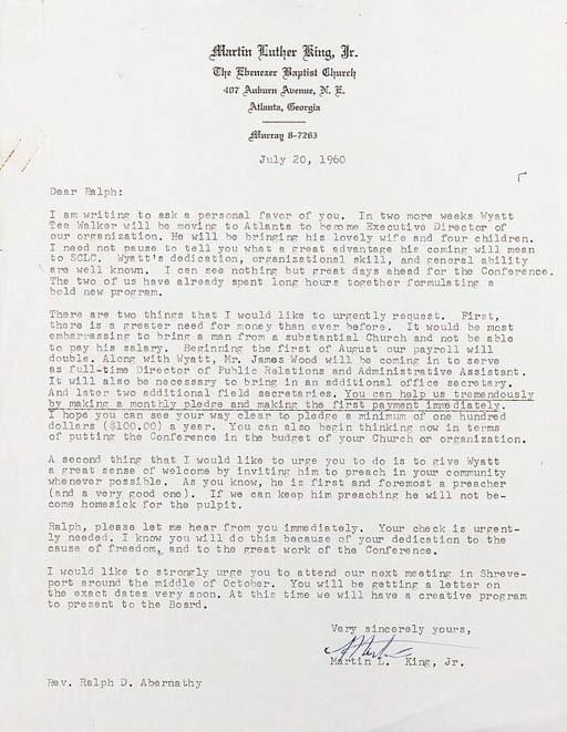 KING, Martin Luther, Jr. (1929-1968), Civil Rights Leader. Typed letter ...