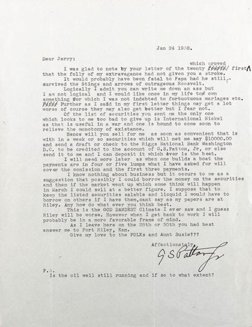PATTON, George S., General. Typed letter signed ("G.S. Patton Jr.") to ...