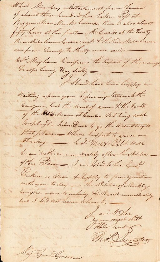 SUMTER, Thomas, South Carolina partisan leader. Autograph letter signed ...