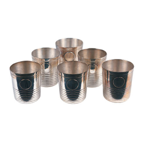 A SET OF SIX CHROME PLATED METAL BEAKERS AND A BOTTLE COASTER