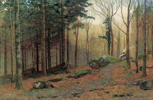 James Thomas Watts (1853-1930) , The woodman's hut, winter morning ...