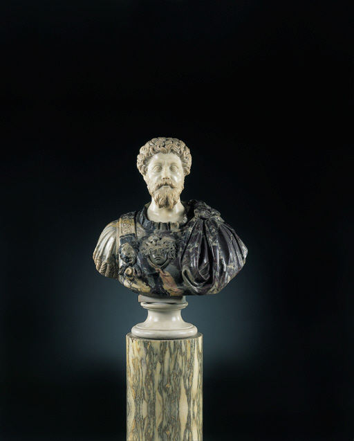 AN ITALIAN RED AND GREY-VEINED AND WHITE MARLE BUST OF MARCUS AURELIUS