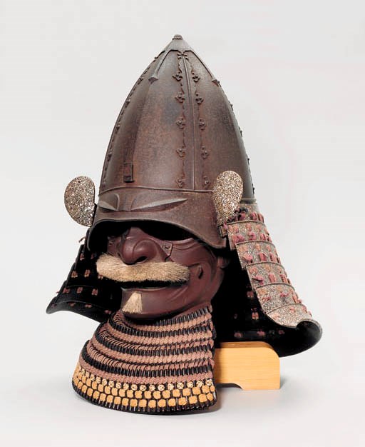 A SHINOMI-NARI KABUTO [HIGH CONICAL HELMET] AND A MENPO , EDO PERIOD ...