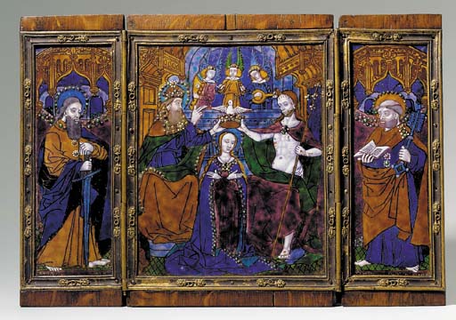 AN ENAMEL TRIPTYCH DEPICTING THE CORONATION OF THE VIRGIN FLANKED BY SAINTS PAUL AND PETER ...