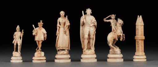 A French Paris type ivory and polychrome figural chess set