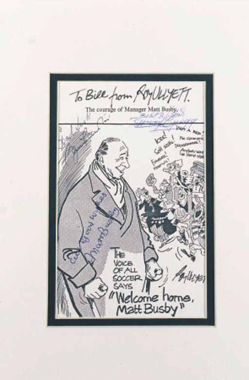 A facsimile cartoon of Matt Busby on his return from Munich after the ...
