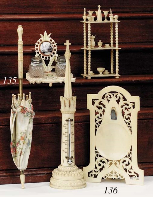 A Victorian miniature carved ivory what-not, late 19th century