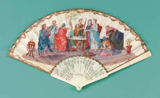 The Betrothal of the Virgin, a painted fan with Joseph holding his ...