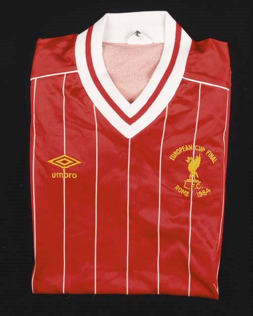 A red and white pinstripe Liverpool European Cup final 1984 short ...