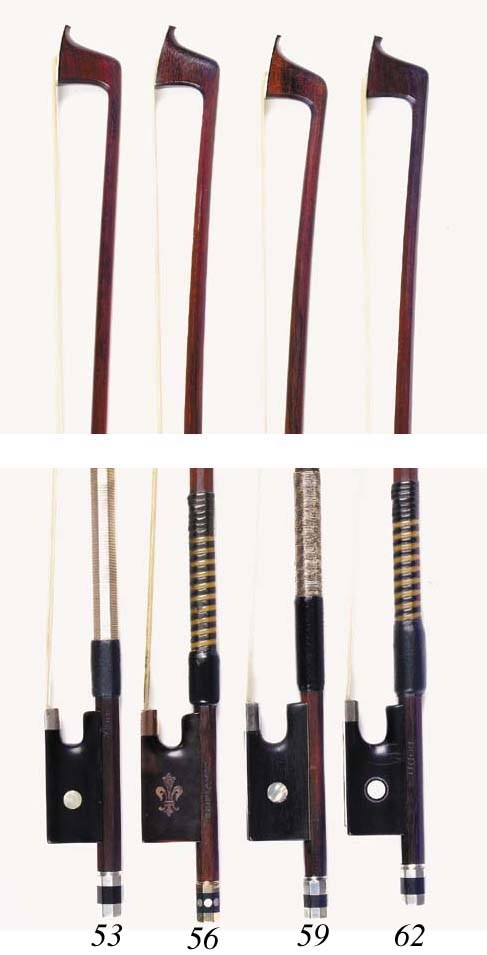 A silver-mounted violin bow by John Dodd, stamped DODD; the octagonal ...