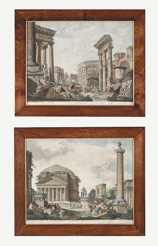 A set of three English tinted etchings of Roman ruins, early , DATED ...
