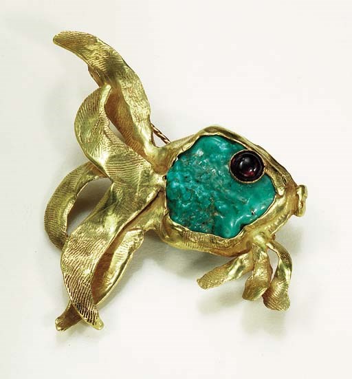 AN 18K GOLD AND SIMULATED GEMSTONE BROOCH, GOOSSENS | Christie's