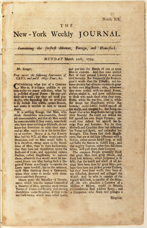 [FREEDOM OF THE PRESS]. [ZENGER, John Peter (1697-1746), Printer]. The ...