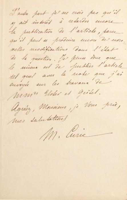 CURIE, Marie (1867-1934), née Sklodowska, Physicist, chemist. Autograph ...