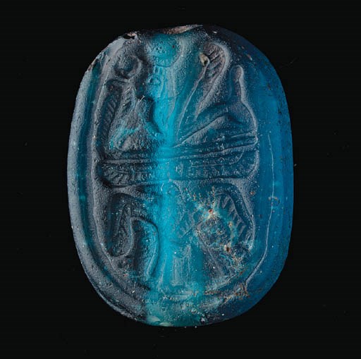 A PHOENICIAN BLUE GLASS SCARABOID , CIRCA LATE 9TH-EARLY 8TH CENTURY B ...