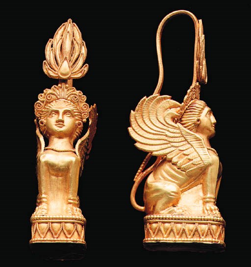 A PAIR OF GREEK GOLD SPHINX EARRINGS , CIRCA 4TH CENTURY B.C. | Christie's