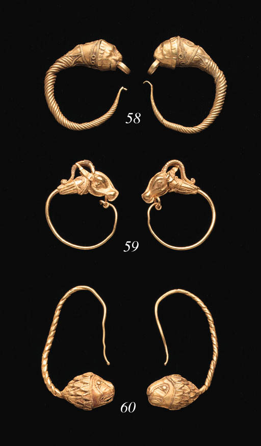 A PAIR OF GREEK GOLD SPHINX EARRINGS , CIRCA 4TH CENTURY B.C. | Christie's