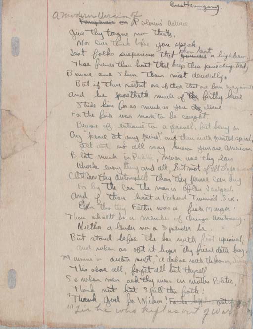 HEMINGWAY, Ernest (1899-1961). Autograph manuscript signed of the poem ...