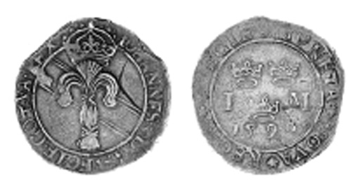 Mark, 1590, 5.77g., crowned Vasa symbol above two bends, rev. three ...