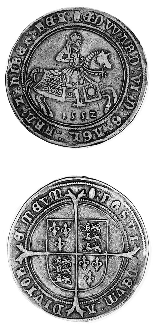 Edward VI, third period, Crown, 1552, m.m. tun, king on horseback right ...