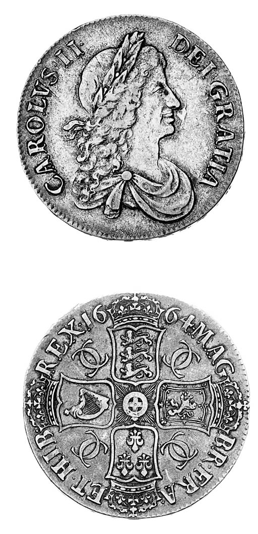 Charles II, Crown, 1664, second laureate and draped bust facing right, rev.similar to preceding ...