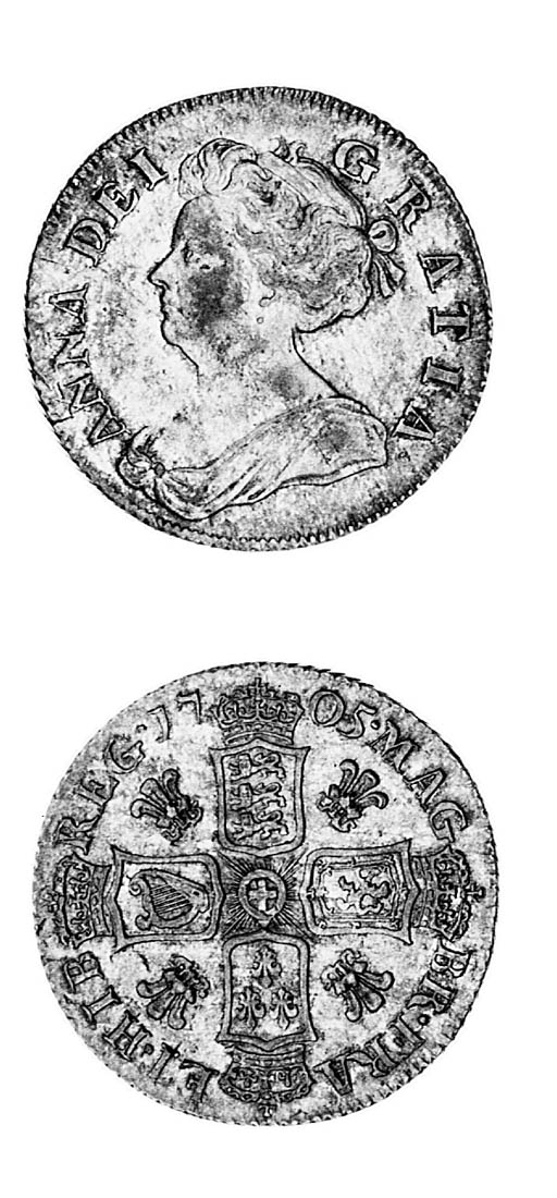 Anne, Shilling, 1705, similar to preceding coin (ESC 1135; S.3588 ...