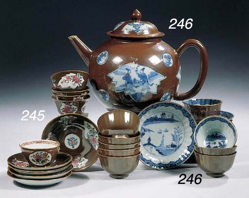 A Dutch-decorated plate and milk-jug and five various famille rose ...