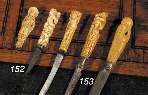 Two carved ivory knife handles and a carved bone knife handle , 17TH ...
