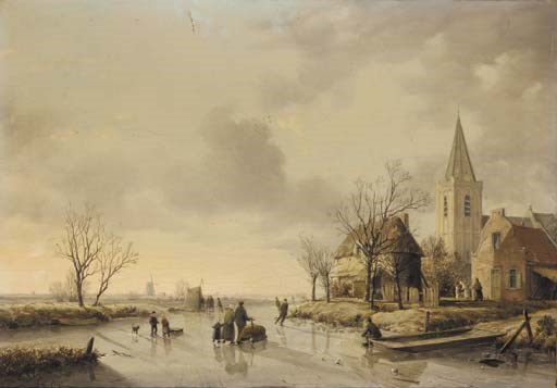 Joseph de Groot (1828-1899) , Skaters in a Dutch landscape | Christie's