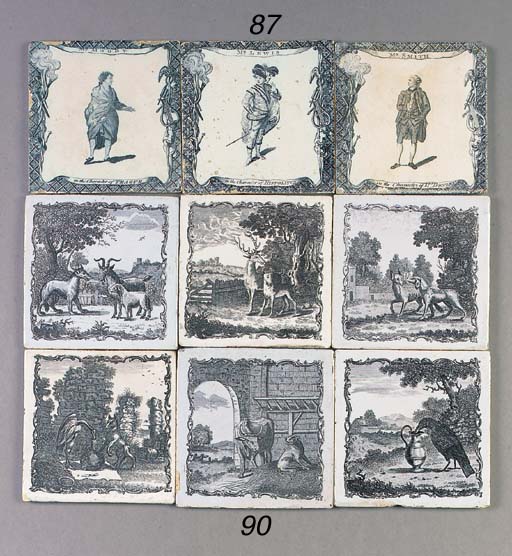 Seven Liverpool delft transfer-printed tiles