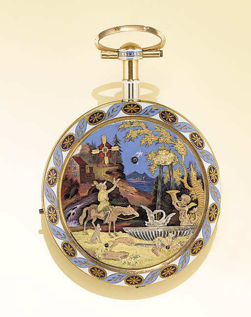 A RARE GOLD AND ENAMEL AUTOMATON POCKET WATCH Swiss, 1790's.