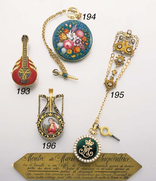 Terrot. A fine 18K gold, enamel, pearl and paste-set lyre-shaped verge ...
