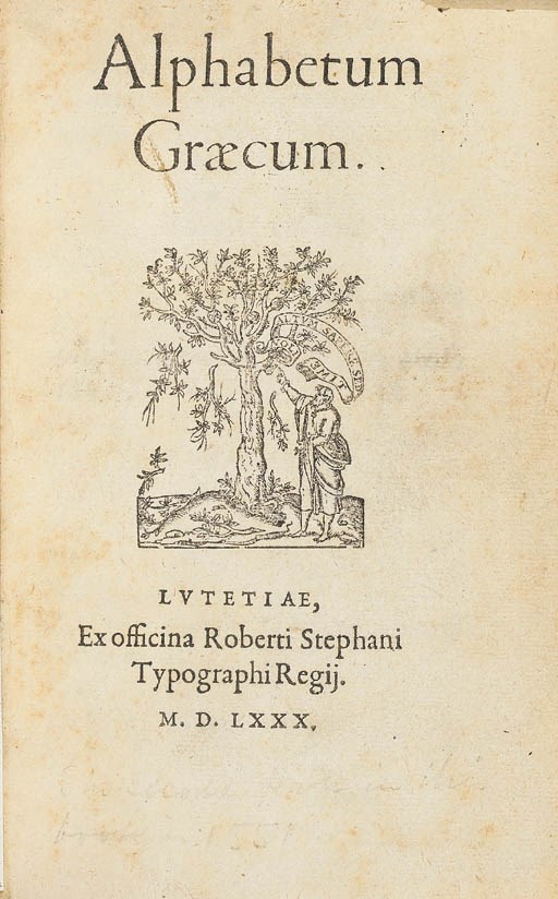 [ESTIENNE, Robert II, printer]. Alphabetum Graecum. Paris: Robert ...